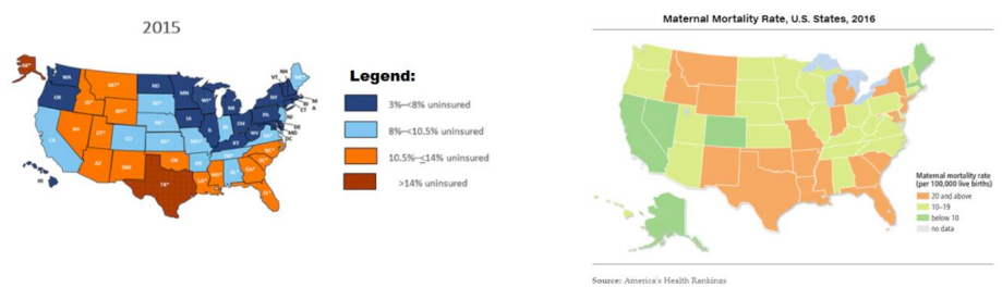 Solved The map on the left displays the uninsured in the | Chegg.com