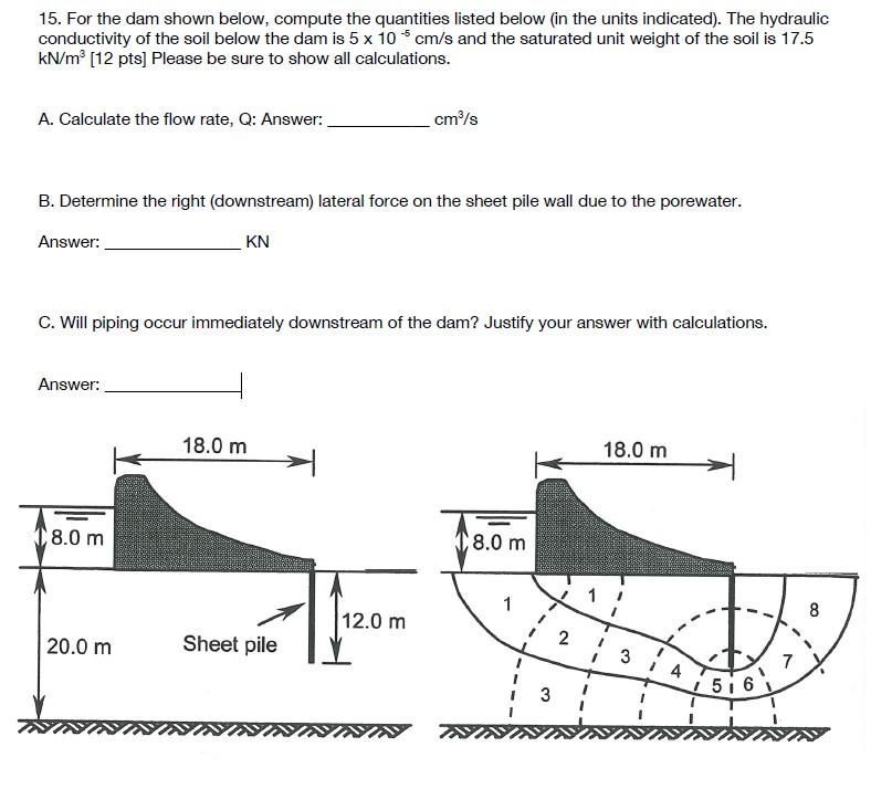 Solved 15. For the dam shown below, compute the quantities | Chegg.com