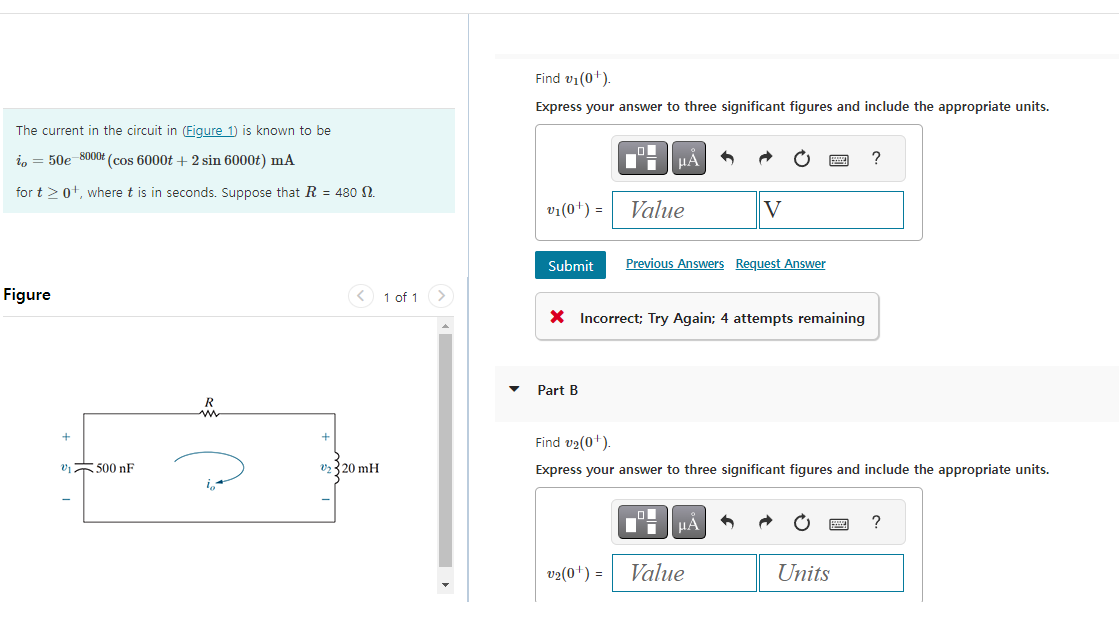 Solved Find v1(0+). Express your answer to three significant | Chegg.com