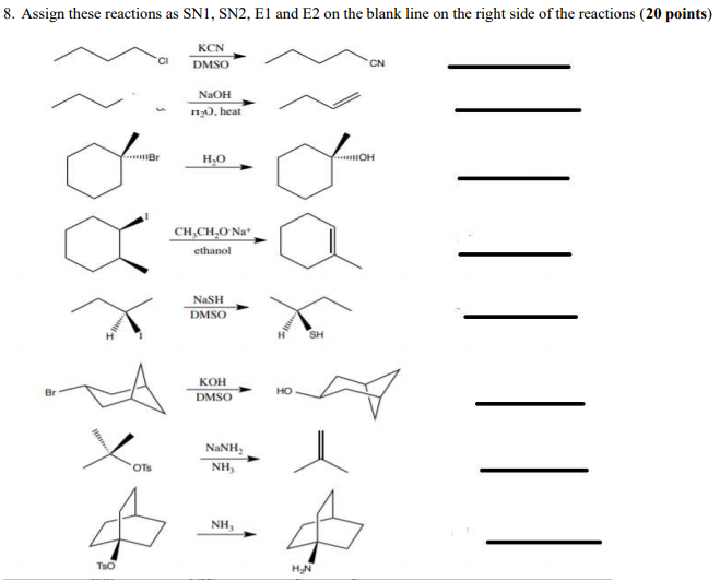 Solved 8. Assign these reactions as SN1, SN2, E1 and E2 on | Chegg.com