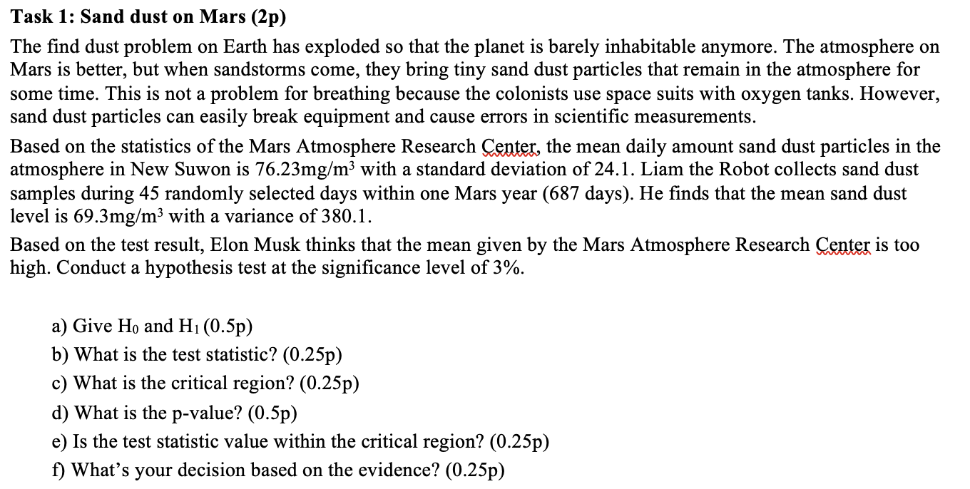Solved Task 5: Errors and power for sand dust (1.5p) For | Chegg.com