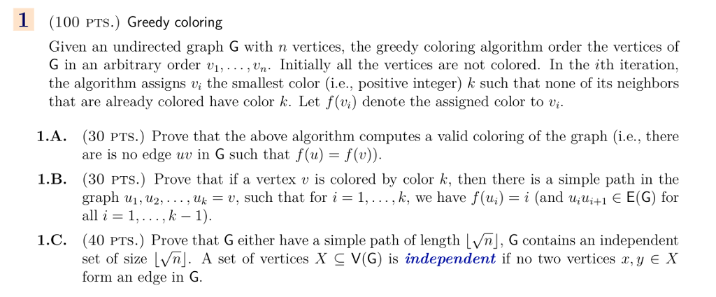 Solved 1 (100 PTS.) Greedy coloring Given an undirected | Chegg.com