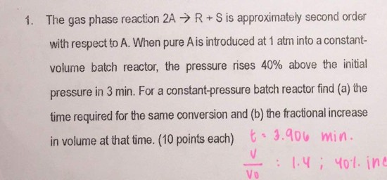 Solved 1. The gas phase reaction 2A → R+S is approximately | Chegg.com