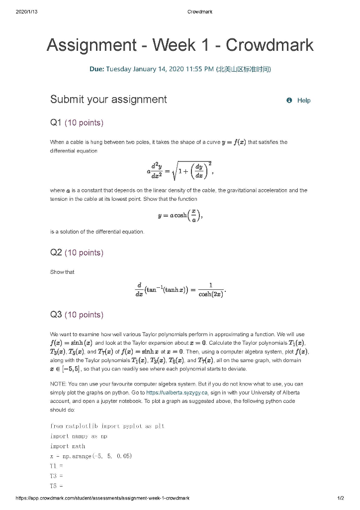 Solved 2020/1/13 Crowdmark Assignment - Week 1 - Crowdmark | Chegg.com