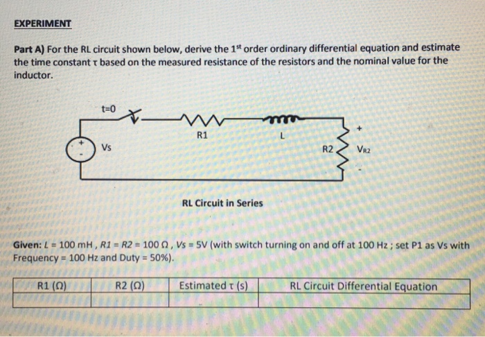 Solved EXPERIMENT Part A) For the RL circuit shown below, | Chegg.com