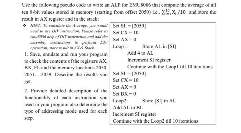 Solved Use the following pseudo code to write an ALP for | Chegg.com