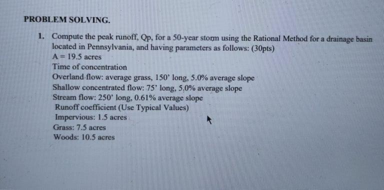 Solved PROBLEM SOLVING. 1. Compute the peak runoff, Qp, for | Chegg.com