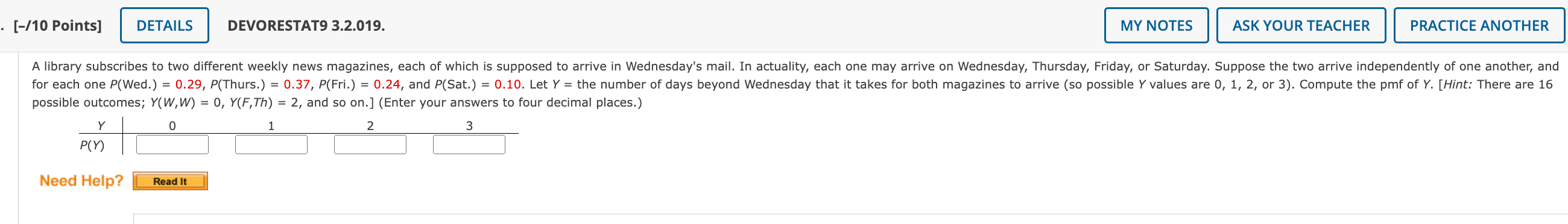 Solved [-/10 Points] DEVORESTAT9 3.2.019. possible outcomes; | Chegg.com