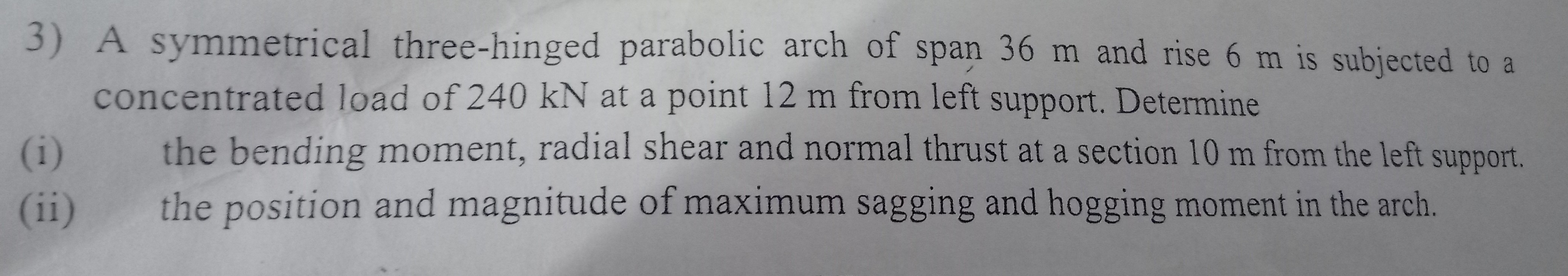 Solved A symmetrical three-hinged parabolic arch of span 36m | Chegg.com
