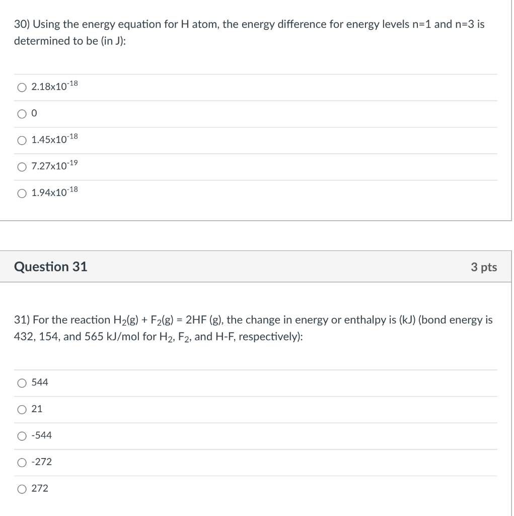 Solved 30) Using the energy equation for H atom, the energy | Chegg.com