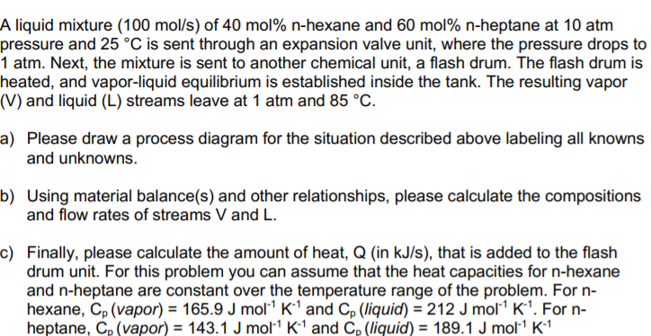 Solved A liquid mixture (100 mol/s) of 40 mol% n-hexane and | Chegg.com