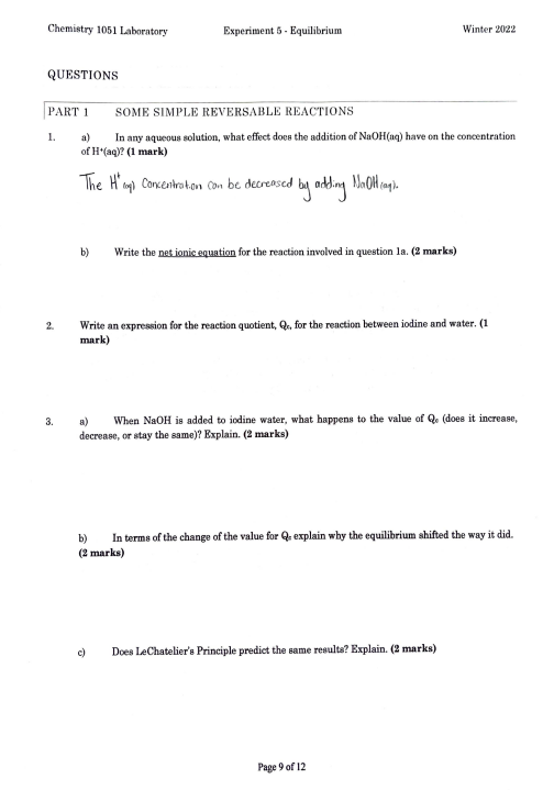 Solved PART 1 SOME SIMPLE REVERSABLE REACTIONS Table 1 (13 | Chegg.com