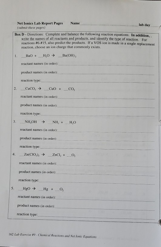 Solved Net Ionics Lab Report Pages Name lab day (submit | Chegg.com