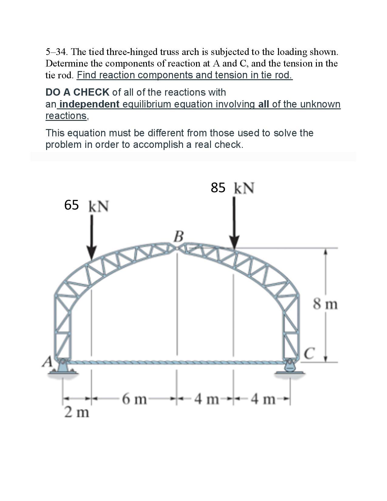 Solved 5–34. The tied three-hinged truss arch is subjected | Chegg.com