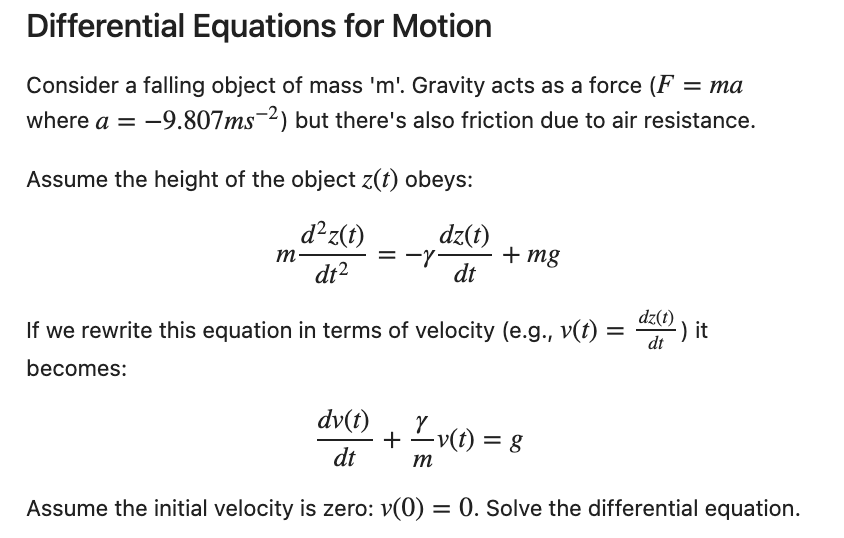 Solved Differential Equations for Motion Consider a falling | Chegg.com