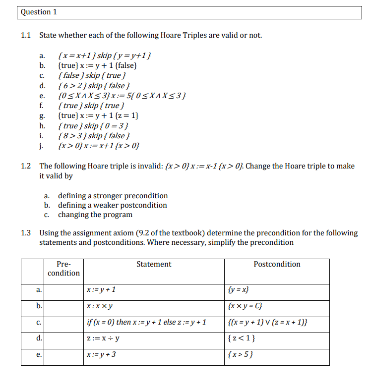 Solved 1.1 State whether each of the following Hoare Triples | Chegg.com