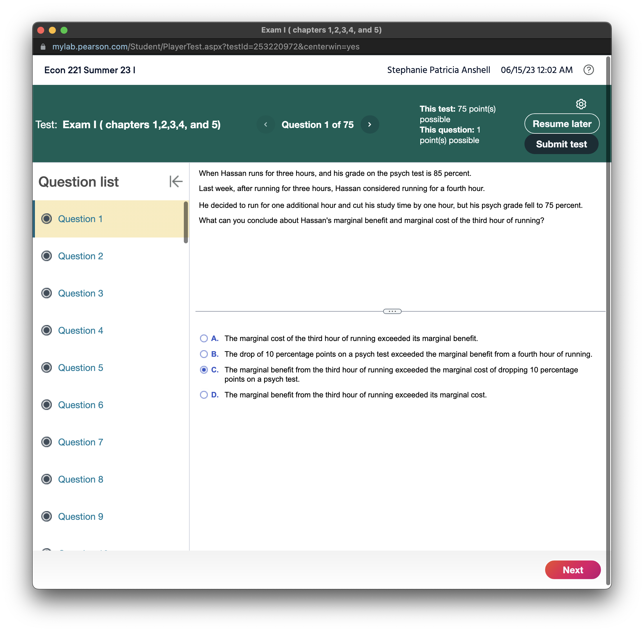 Solved When Hassan runs for three hours, and his grade on | Chegg.com