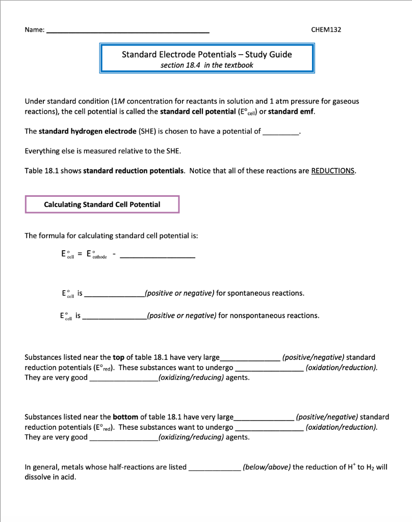 Solved Name: CHEM132 Under standard condition (1 M | Chegg.com