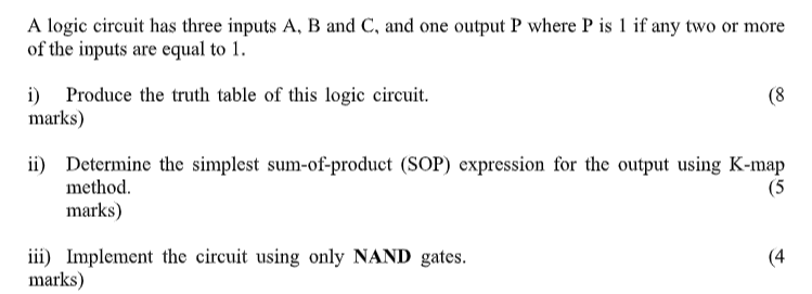 Solved A logic circuit has three inputs A, B and C, and one | Chegg.com