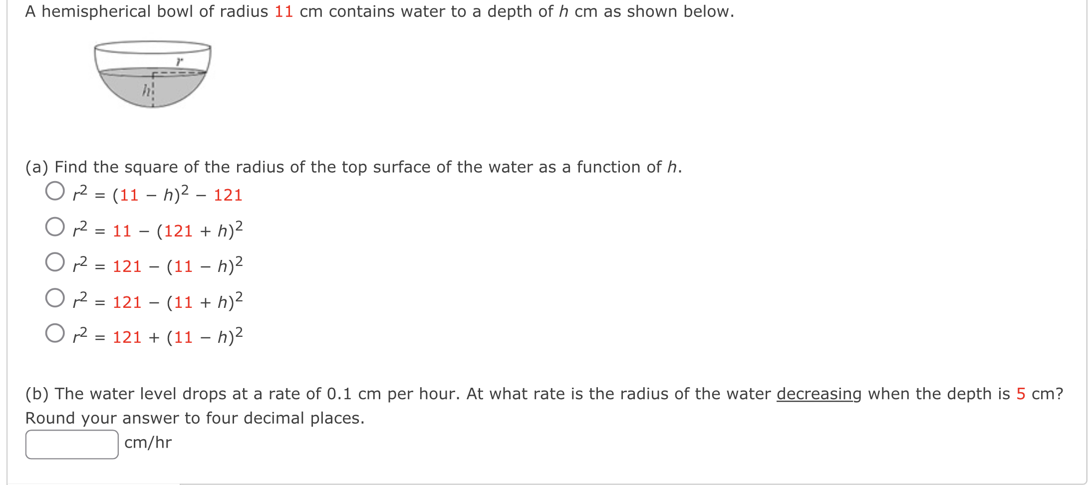 Solved hemispherical bowl of radius a contains water to a | Chegg.com