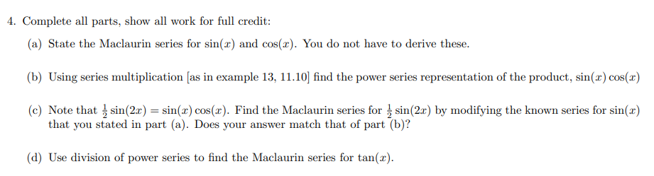 Solved 4. Complete all parts, show all work for full credit: | Chegg.com