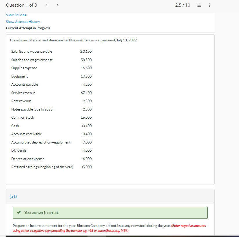 Solved These financial statement items are for Blossom | Chegg.com