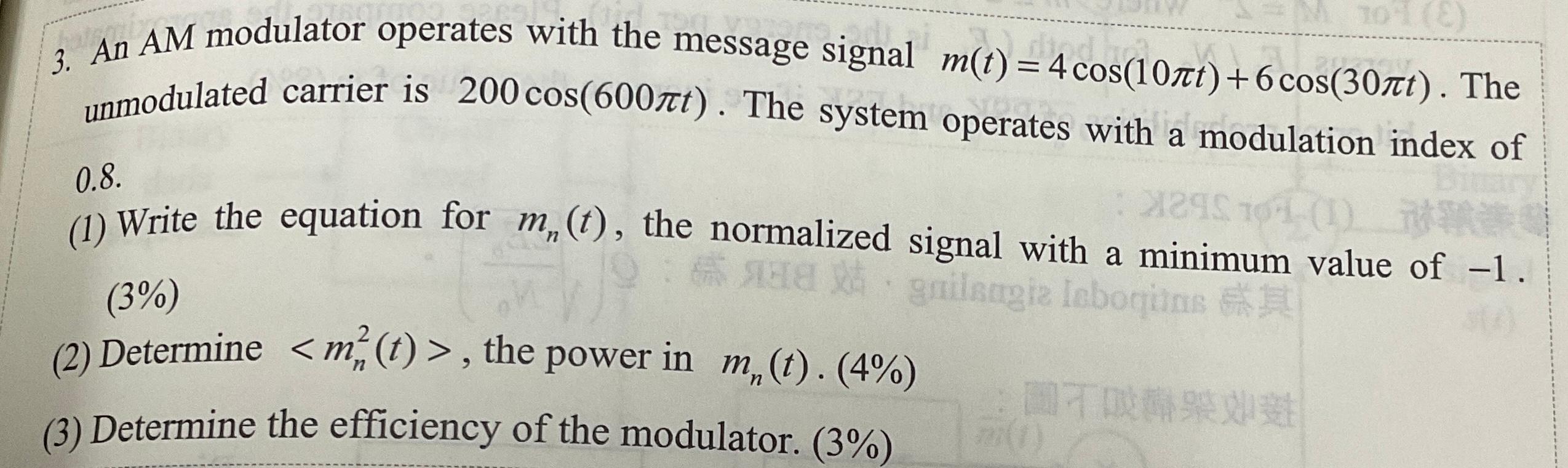 Solved 3. An AM modulator operates with the message signal | Chegg.com