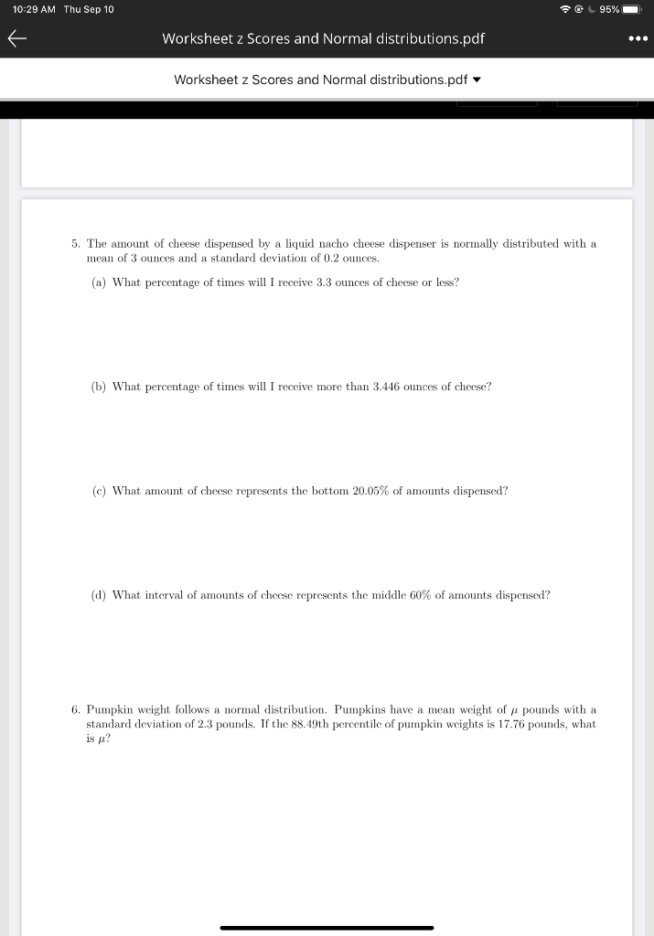 Solved 10:29 AM Thu Sep 10 0 95% Worksheet z Scores and | Chegg.com