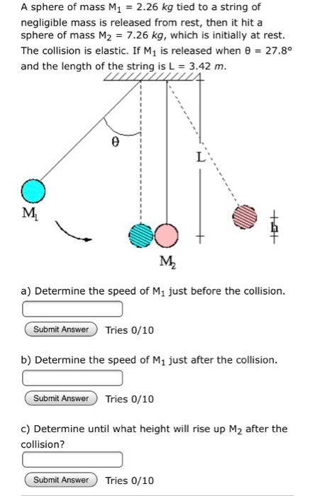 Solved A sphere of mass M1-2.26 kg tied to a string of | Chegg.com