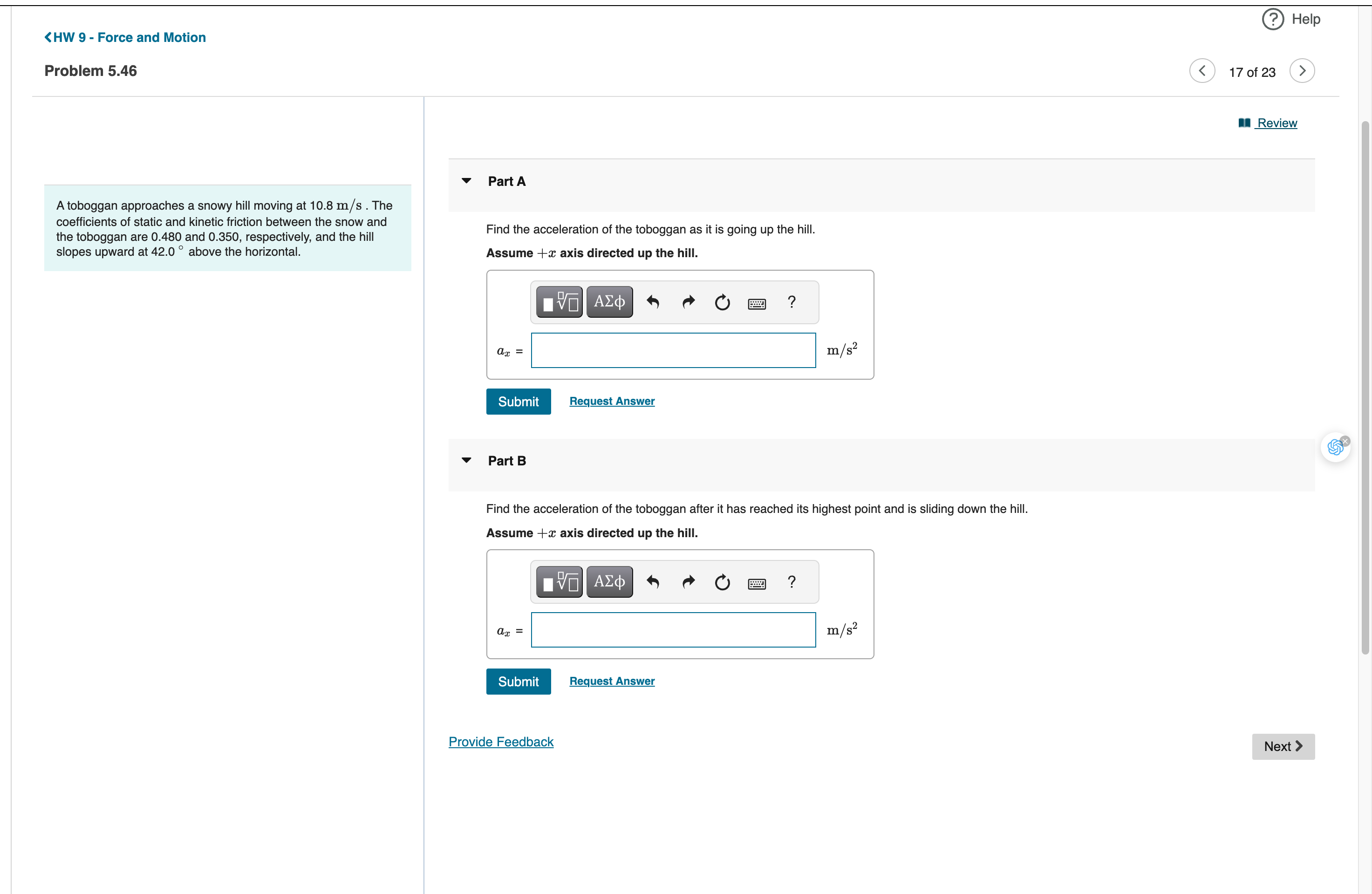 Solved A toboggan approaches a snowy hill moving at 10.8 | Chegg.com