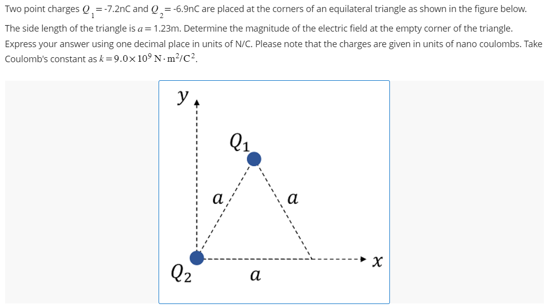 Solved Two point charges Q1=−7.2nC and Q2=−6.9nC are placed | Chegg.com