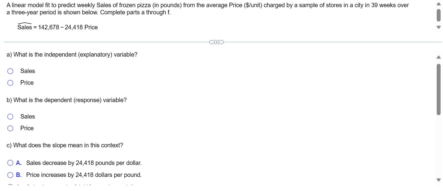 Solved A linear model fit to predict weekly Sales of frozen | Chegg.com