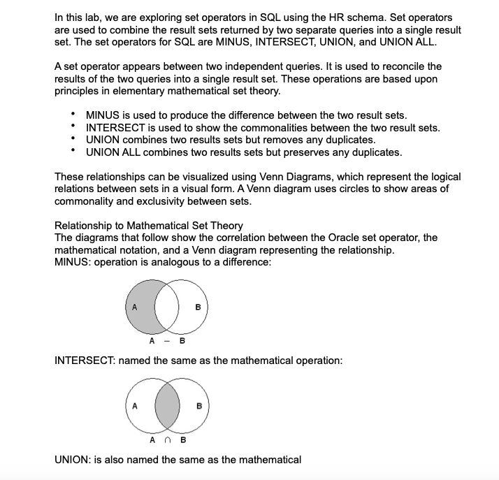 Solved In this lab, we are exploring set operators in SQL | Chegg.com