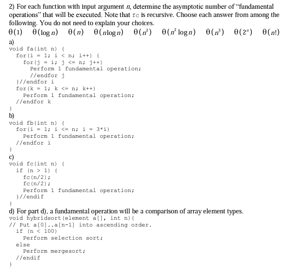 Solved 2) For each function with input argument n, determine | Chegg.com