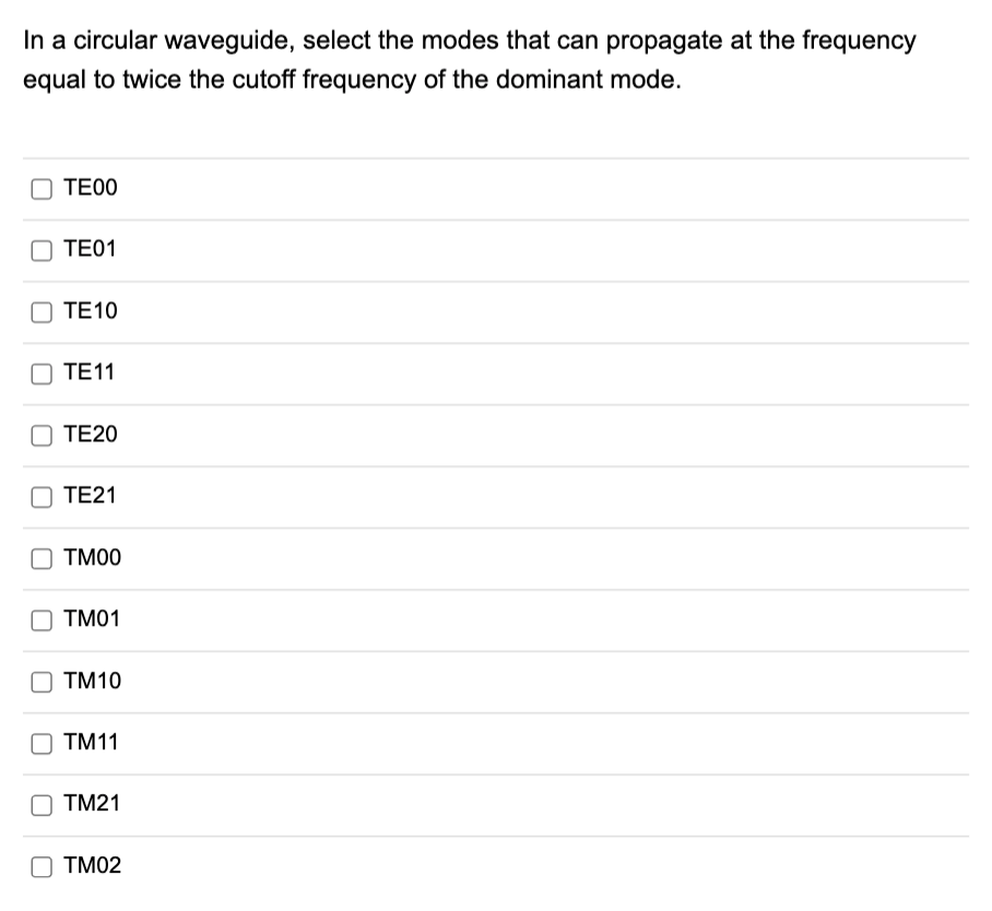 Solved In a circular waveguide, select the modes that can | Chegg.com