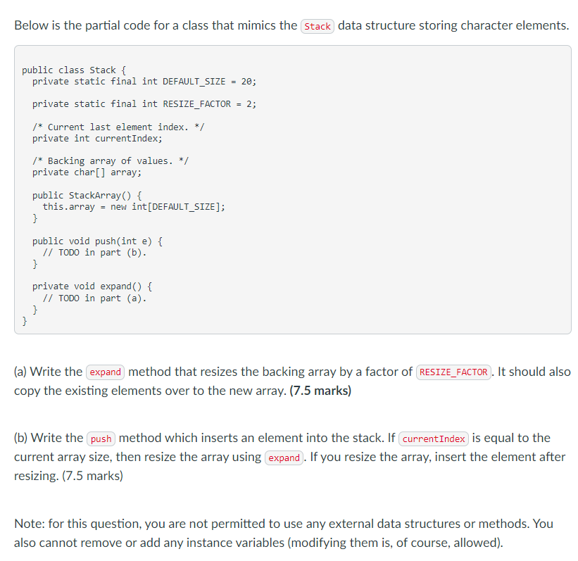 Solved Below is the partial code for a class that mimics the | Chegg.com