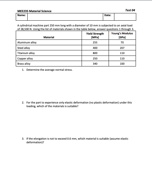 Solved MEE235 Material Science Test 04 Name: Date: A | Chegg.com