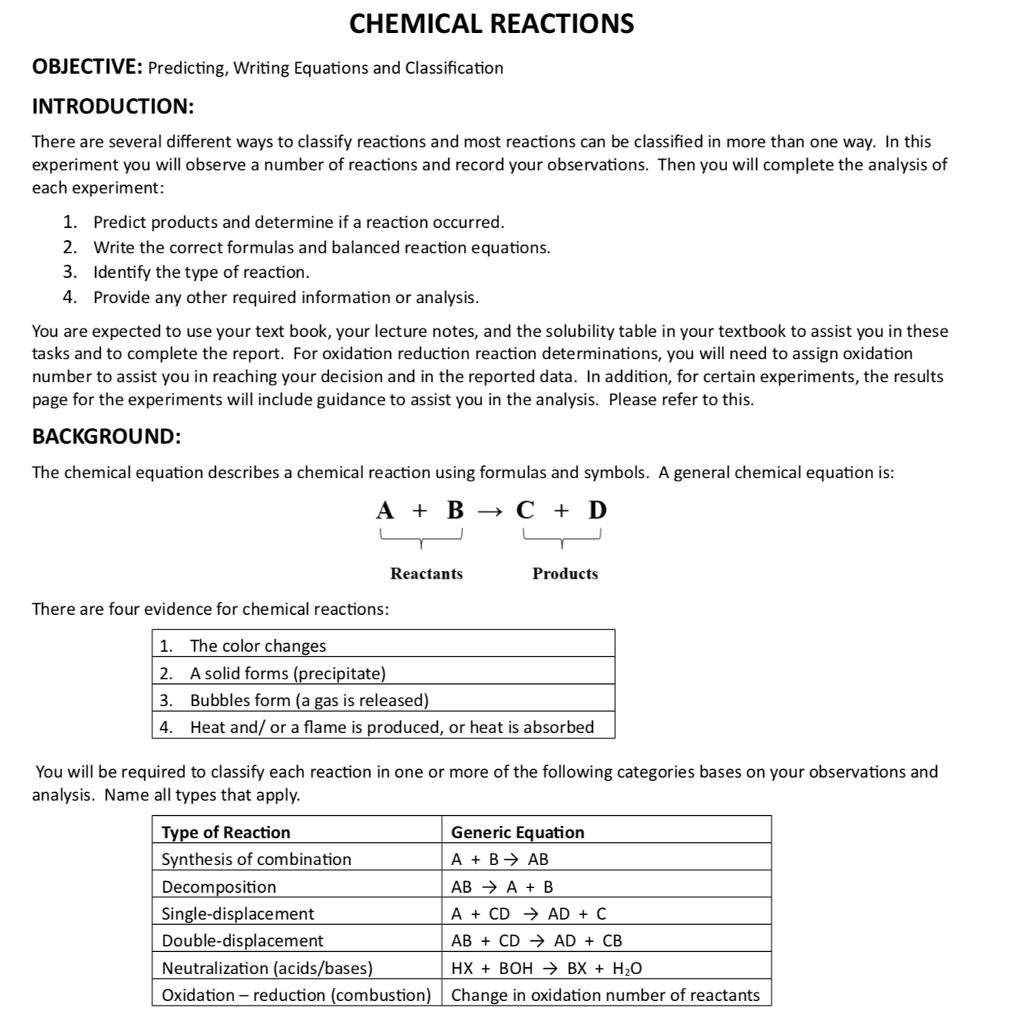 Solved CHEMICAL REACTIONS OBJECTIVE: Predicting, Writing | Chegg.com