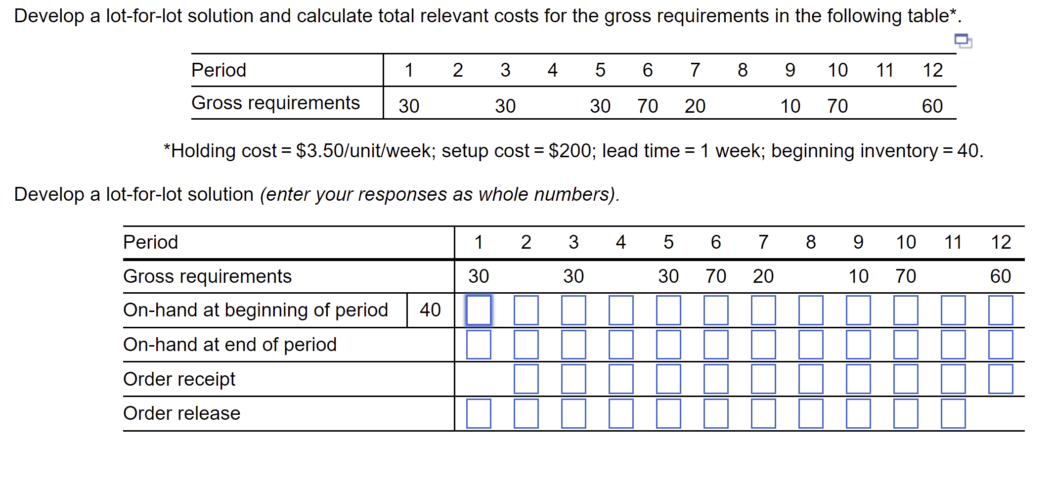 Solved Develop a lot-for-lot solution and calculate total | Chegg.com