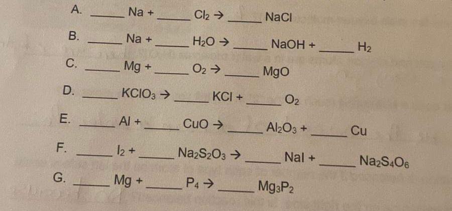 Solved Na + Cl2 → NaCl B. Na + H2O → NaOH + H2 C. Mg + do è | Chegg.com