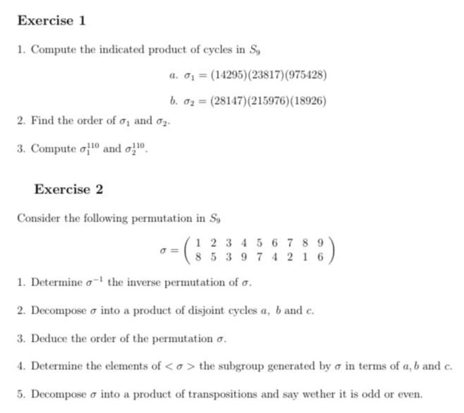Solved Exercise 1 1. Compute the indicated product of cycles | Chegg.com