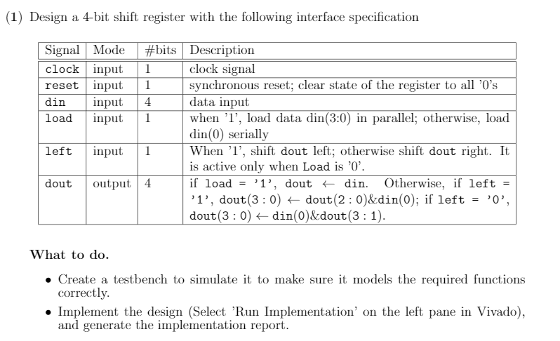 Solved (1) Design a 4-bit shift register with the following | Chegg.com