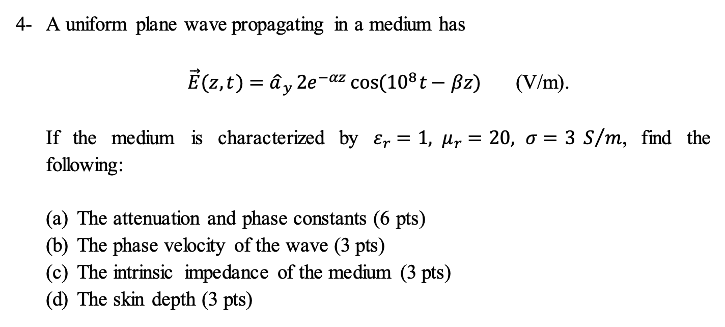 Solved 4- A uniform plane wave propagating in a medium has | Chegg.com