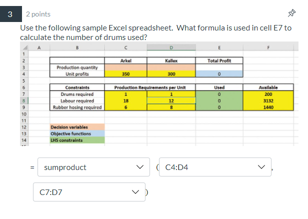 Solved 3 -10 2 points Use the following sample Excel | Chegg.com