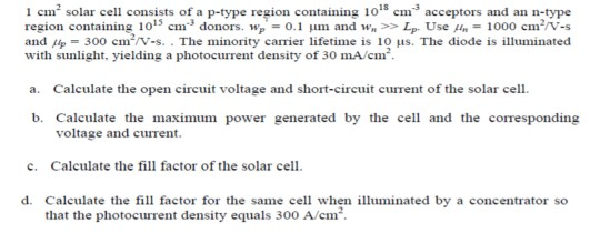 Solved 1 cm2 solar cell consists of a p-type region | Chegg.com
