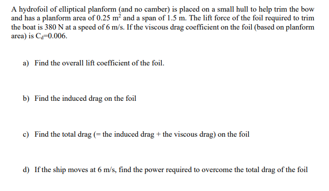 Solved A hydrofoil of elliptical planform (and no camber) is | Chegg.com
