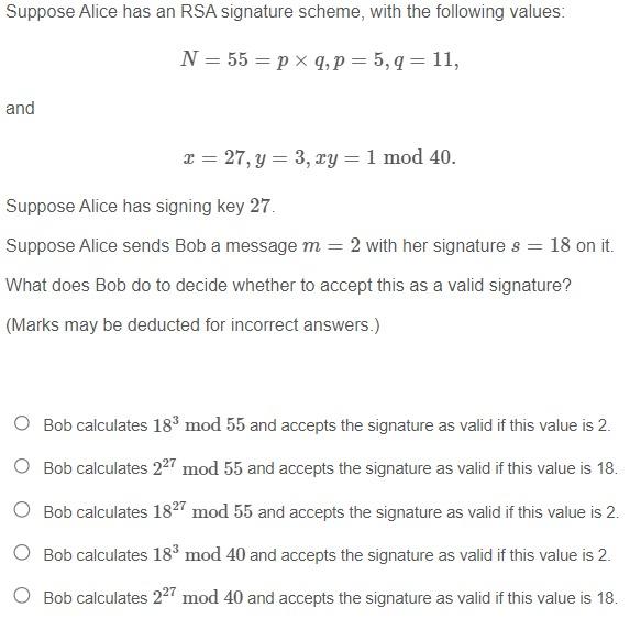 Solved Suppose Alice has an RSA signature scheme, with the | Chegg.com