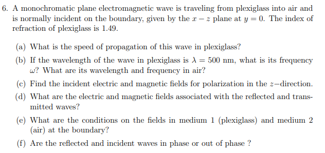 Solved 6. A monochromatic plane electromagnetic wave is | Chegg.com