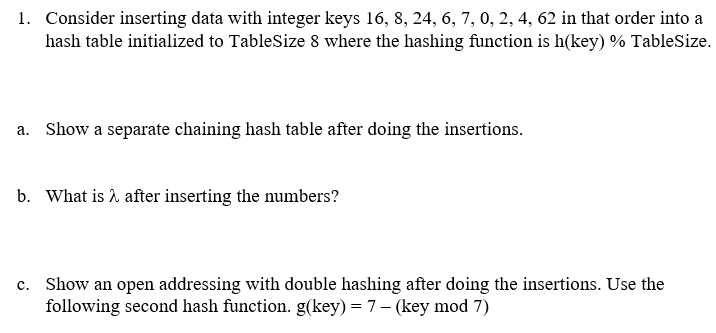Solved 1 Consider Inserting Data With Integer Keys 16 8 