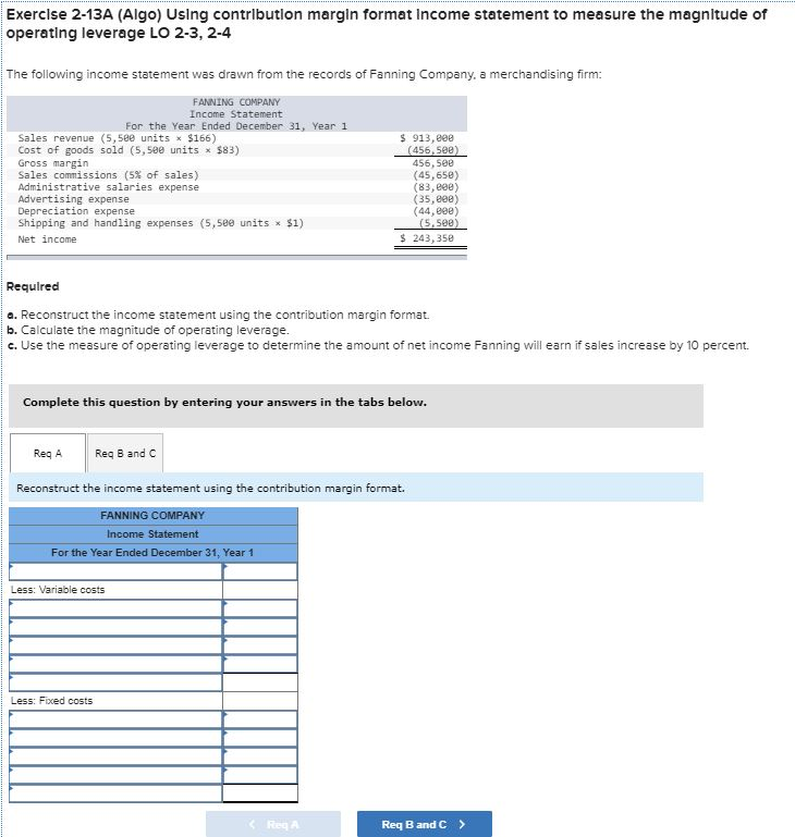 Solved Exercise 2-13A (Algo) Using contribution margin | Chegg.com